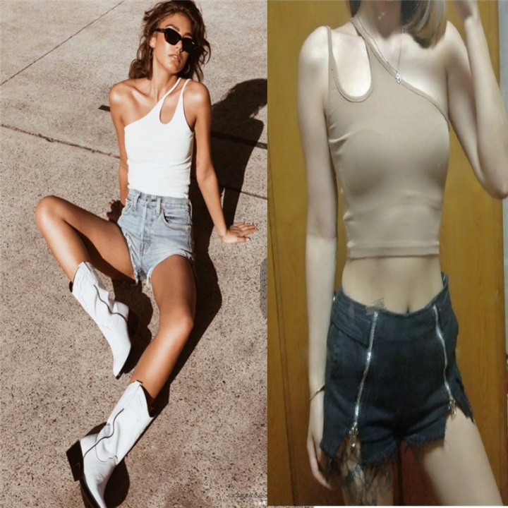 Summer 2019 INS Trendy Single Shoulder Slant Strap Women's Short High ...