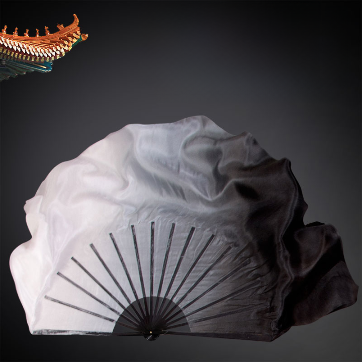 Classic Chinese Dance Silk Fan with Extended Length in White Grey Black ...