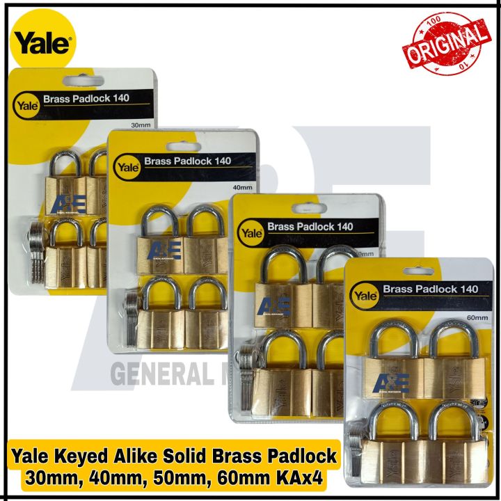 Yale H.D. Solid Brass Keyed Alike Padlock 30mm, 40mm, 50mm, 60mm KAx4 ...