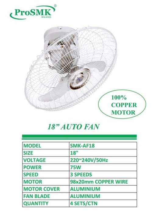 Prosmk 18" Aluminium Auto Fan with 100% Full Copper Motor | Lazada