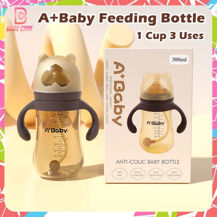 1 Cup 3 Uses--300ml Baby Anti-Colic Feeding Bottle Wide Neck Straw Bottle With 360° Gravity ball ...