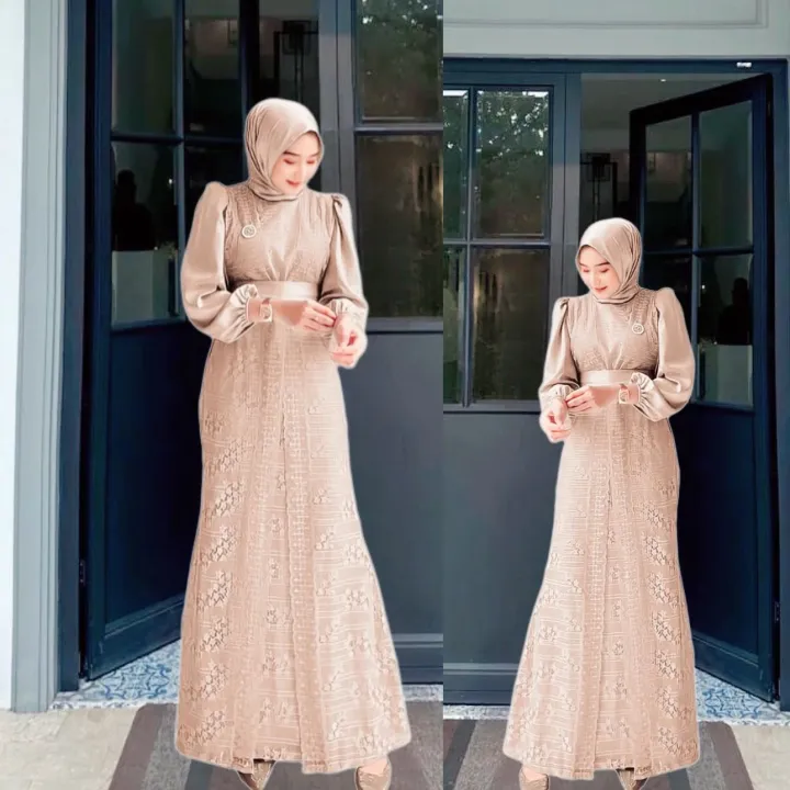 G5 GAMIS LONG DRESS SATIN BRUKAT tile lace maxi | Lazada Indonesia