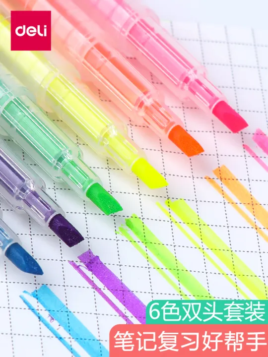 Deli Double-Head Fluorescent Pen Set 6 Colors Highlighter Pens Student ...
