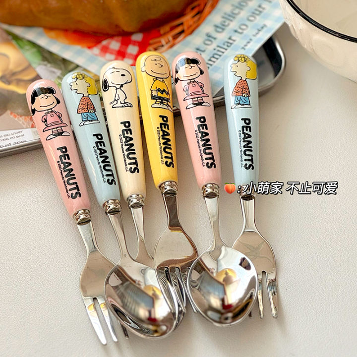 Snoopy Stainless Steel Spoon Ceramic Handle Soup Fork Rice Children's ...