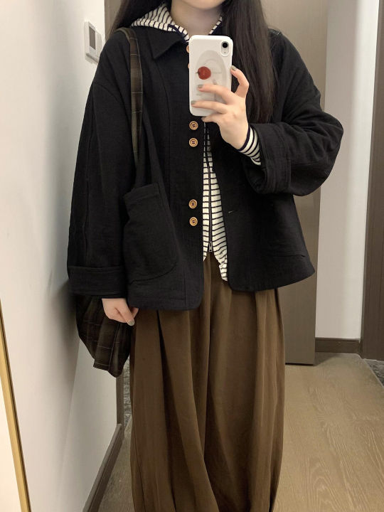 Y6Y | แจ็คเก็ตคอปกสีดำสไตล์อเมริกันย้อนยุคสำหรับผู้หญิงฤดูใบไม้ผลิและ ...