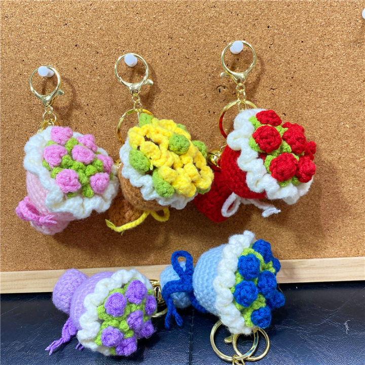 Mini Knitted Rose And Sunflower Keychain Charms Creative Gift Couple ...
