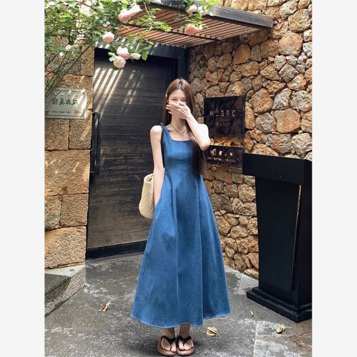 Blue Sleeveless Denim Halter Dress Women's Spring Summer New Square ...