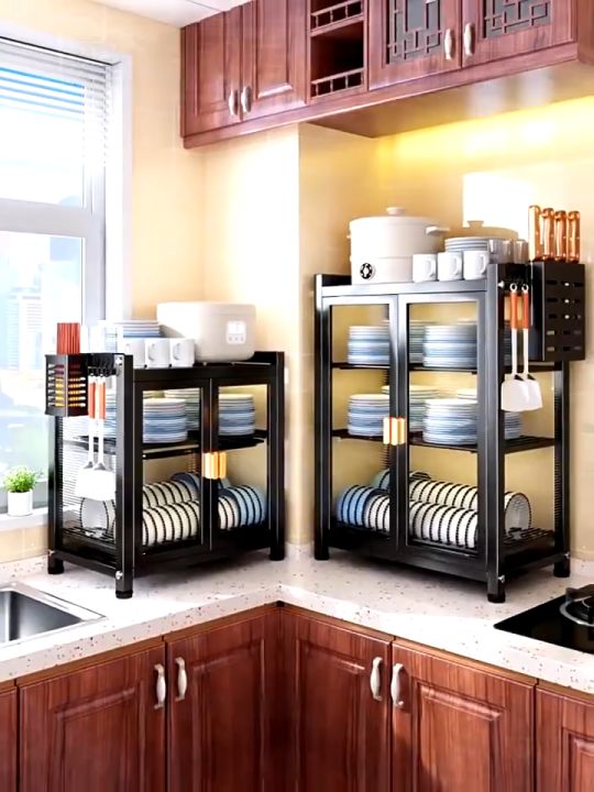 Multi-layer Storage Shelves with Door Dapur Kabinet Rak Dapur Kitchen ...