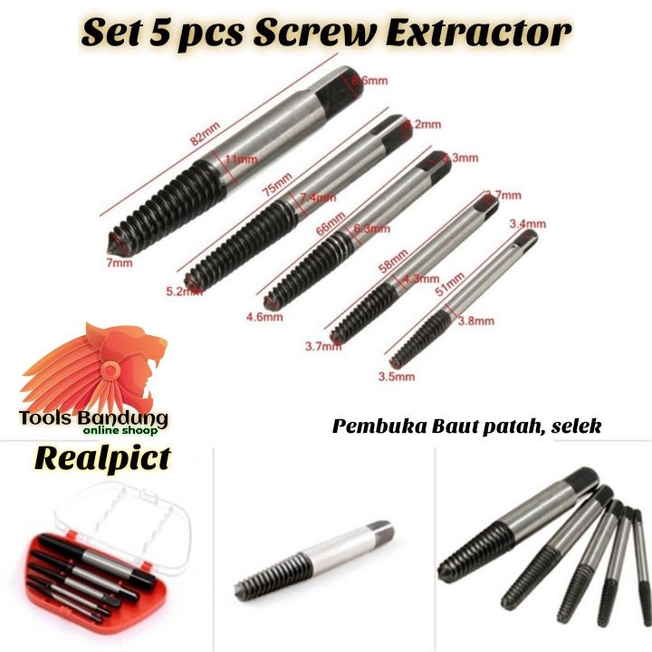 BOR PEMBUKA BAUT RUSAK SET 5 PCS SCREW BOLT EXTRACTOR HAND TAP DRILL ...