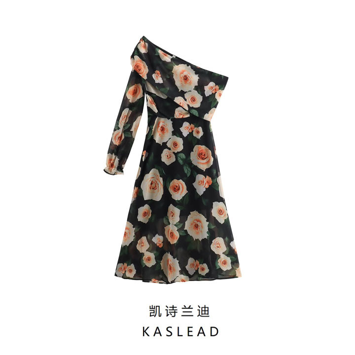 KASLEAD New Women's Fashion Street Style Single Shoulder Print Chiffon ...