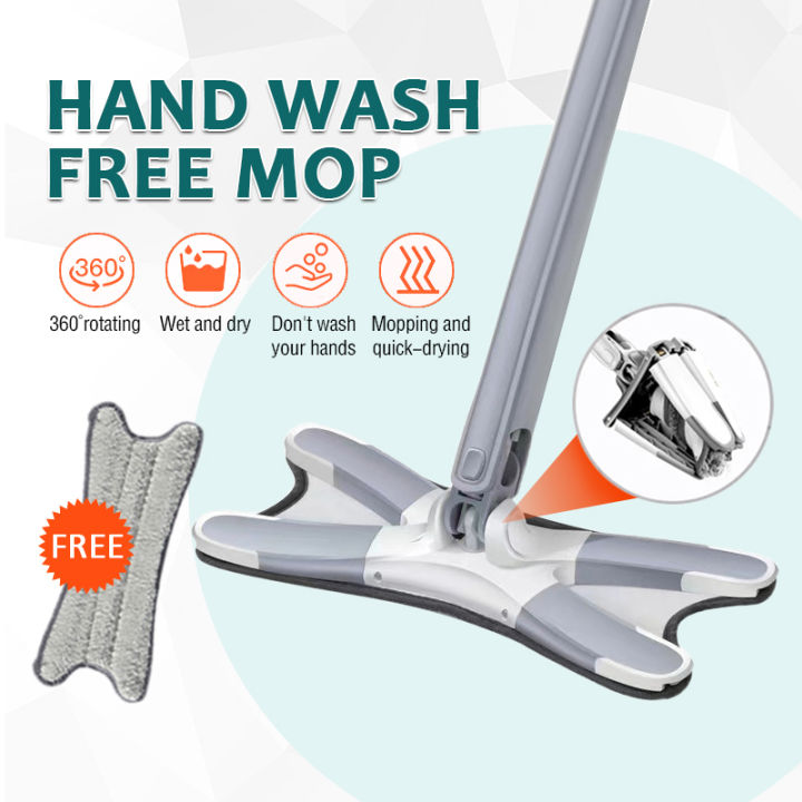 360°X Shape Lazy Mop Hand Free Self-Twisting Magic Flat Mop with Microfiber Fabric Mop Pad Home ...