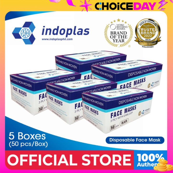 Indoplas Disposable Face Mask 3-Ply Earloop- Black - 5 boxes (250 pcs ...