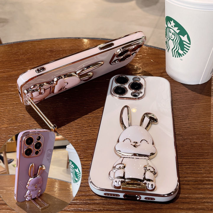 NORVIK Black Luxury Plating Phone Case with Lucky Rabbit Tie Rod Bracket & Lanyard for Samsung ...