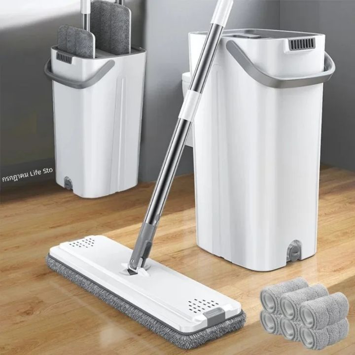 ชั้น Magic FLAT Squeeze Mop ถังมือฟรีขี้เกียจทําความสะอาด Mop ไมโครไฟ ...