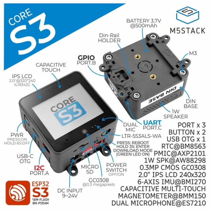 M5Stack CoreS3 ESP32S3 IoT Development Learning Suite Binuclear Xtensa ...