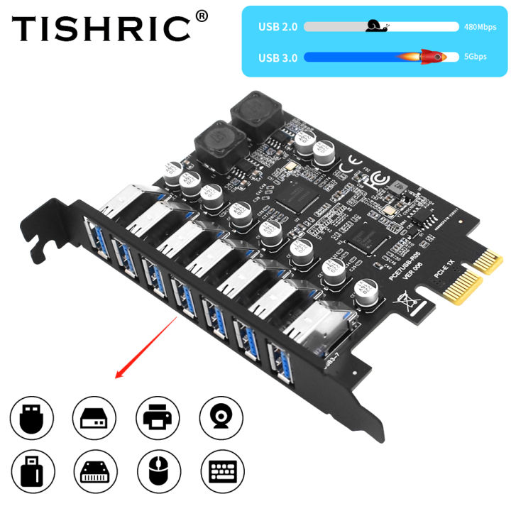 TISHRIC USB 3.2 Gen1 PCI Express Multiplier PCI E to 7 ports USB 3 Hub Expansion Adapter Card ...