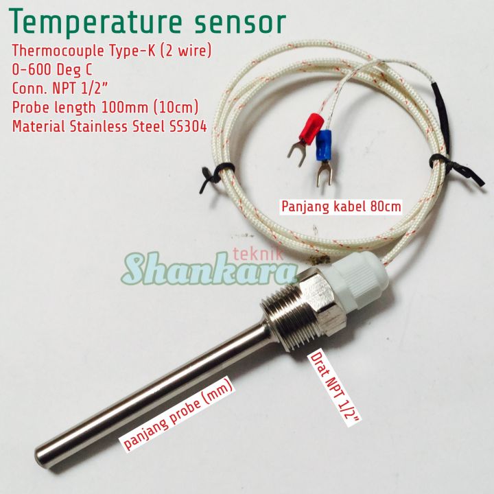 Thermocouple type-K kabel 2 wire 0-600C Drat 1/2 NPT Stainless steel ...