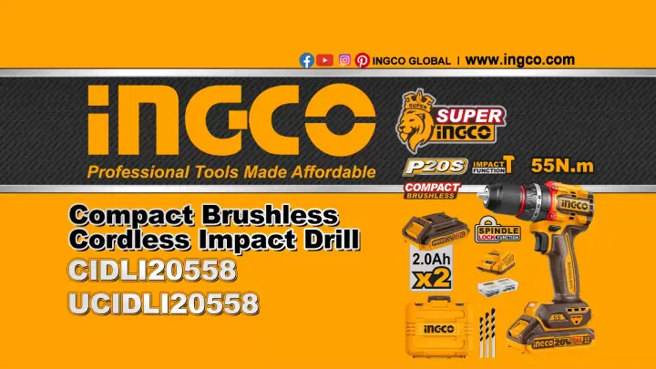 INGCO 55Nm 20V Compact Brushless Cordless Impact Drill 2-Speed ...