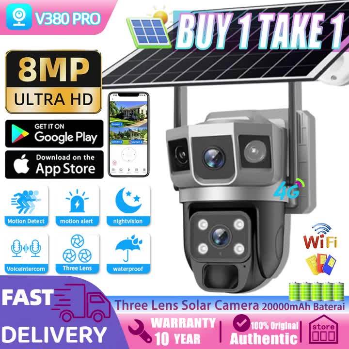 V380 Pro 4G Solar CCTV Camera Three Lens Outdoor IP66 Waterproof ...