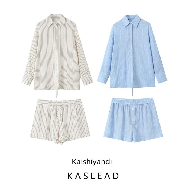 Kaslead ใหม่ ผู้หญิง ทันสมัย เสื้อลายทาง ลำลอง กางเกงขาสั้น ชุดสไตล์ ...