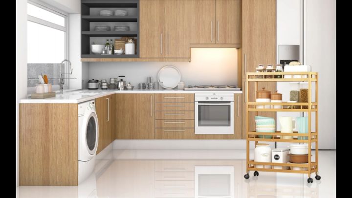 Kitchen Rack with Wheels Bamboo Kitchenware Organizer Rack Moving ...