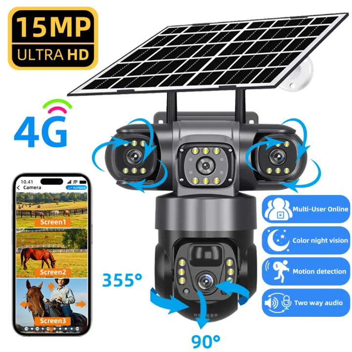 V380 Pro Solar Power Camera 4G Sim Card Triple Lens PIR Human Detection ...