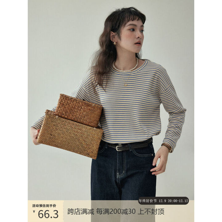 เสื้อยืดคอกลมแขนยาวถักลายทางสไตล์ญี่ปุ่น AMUU เสื้อเชิ้ตผู้หญิงลำลองฤดู ...
