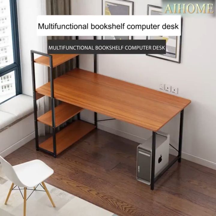 120CM Meja belajar Computer Study Table With Side Bookshelves Computer ...