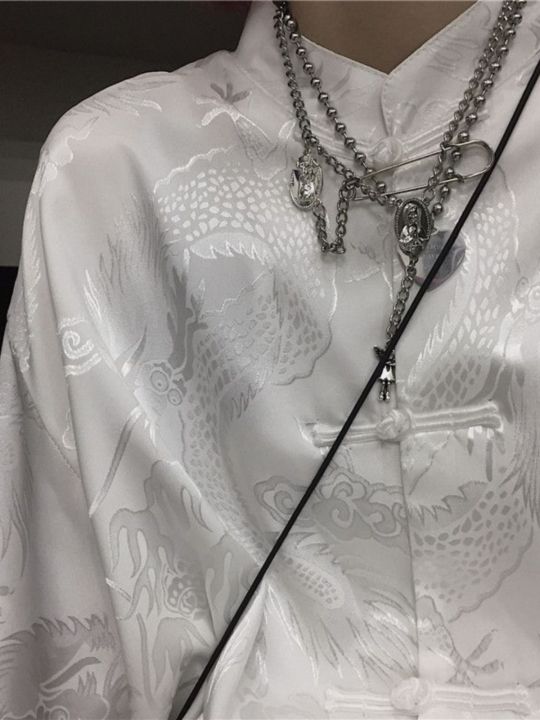 ใหม่สไตล์จีน Tai Chi Ice ผ้าไหม ชายเสื้อปุ่ม ดีไซน์ อินเทรนด์ ชุดฮั่นฝู Tang เครื่องแต่งกาย ชุด