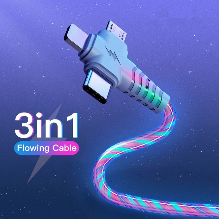 3 in 1 LED Glow Flowing Charging Cable USB Type C Luminous Lighting ...