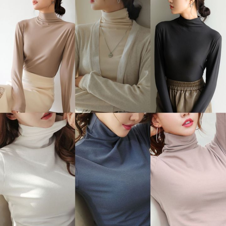 MIYU High Neck Women Long Sleeve Casual Solid Color Shirt / inner baju ...