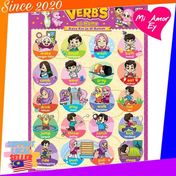 Poster Verb at Home Kata Kerja di Rumah Poster Ana Muslim | Lazada