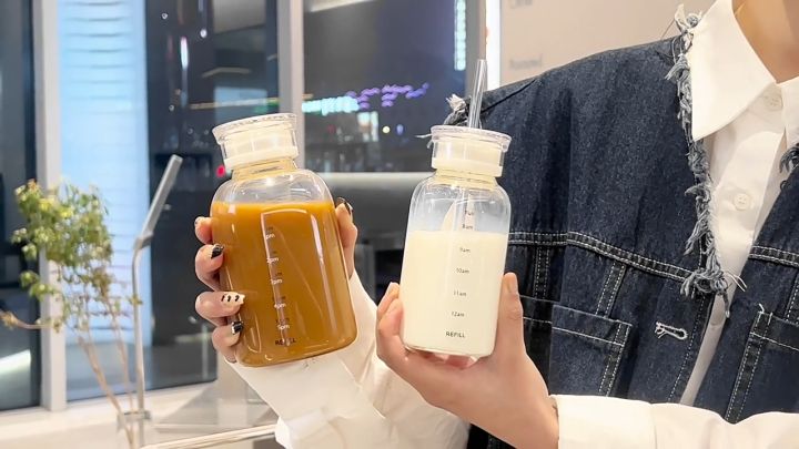 Elegant Transparent Straw Glass Bottle With 2 Lids Cover Portable ...