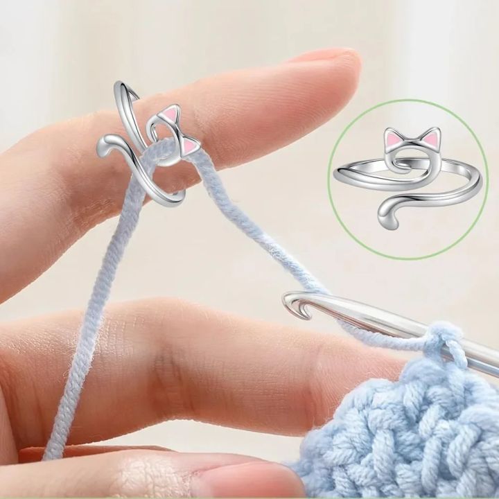 Adjustable Crochet Tension Cute Cat Ring, Beginner Knitting Crochet Hook Ring, Yarn Guide Finger ...