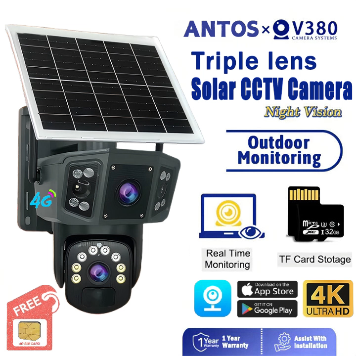 V380 Pro Solar CCTV Camera 4G SIM Card Outdoor Surveillance Cameras Color Night Vision Two-Way ...