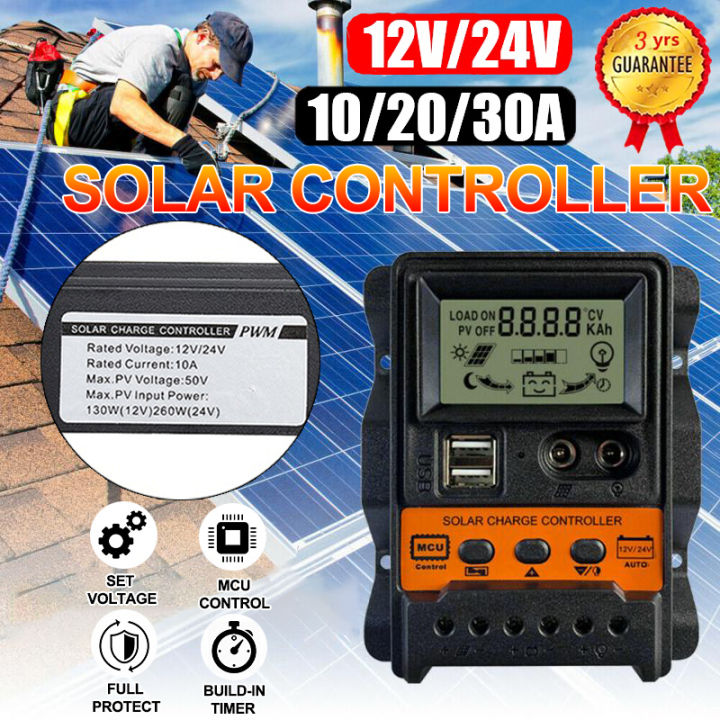 12/24V 10A 20A 30A Auto Solar Charge Controller PWM Controller LCD Display Dual USB 5V Solar ...