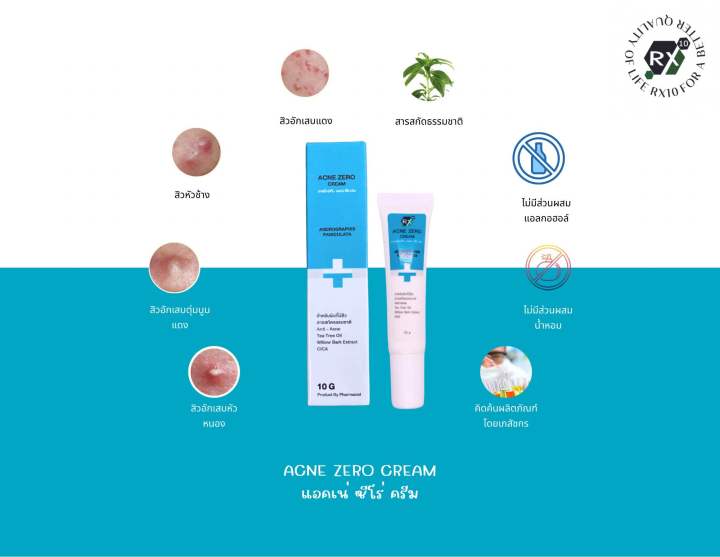 Acne Zero Cream 10 กรัม แอคเน่ ซีโร่ ครีมทาสิวฟ้าทะลายโจร ผสม ใบบัวบก ที ทรี ออย และ วิลโล่ บาร์ ...