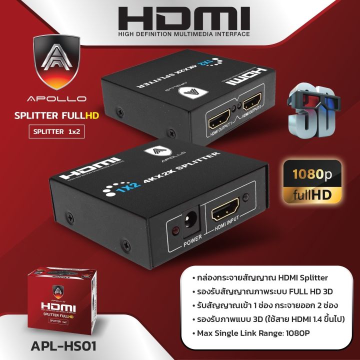 กล่องกระจายสัญญาณ HDMI Splitter HDMI 1 OUT 2 ยี่ห้อ APOLLO | Lazada.co.th