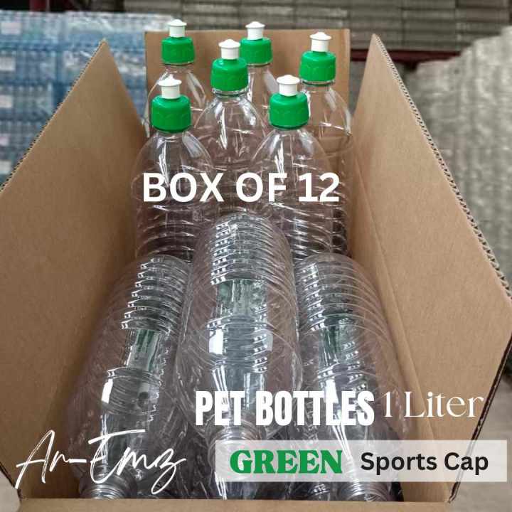 Ar-Emz Box of 12 Empty Clear Plastic Bottles With Green Sports Cap For ...