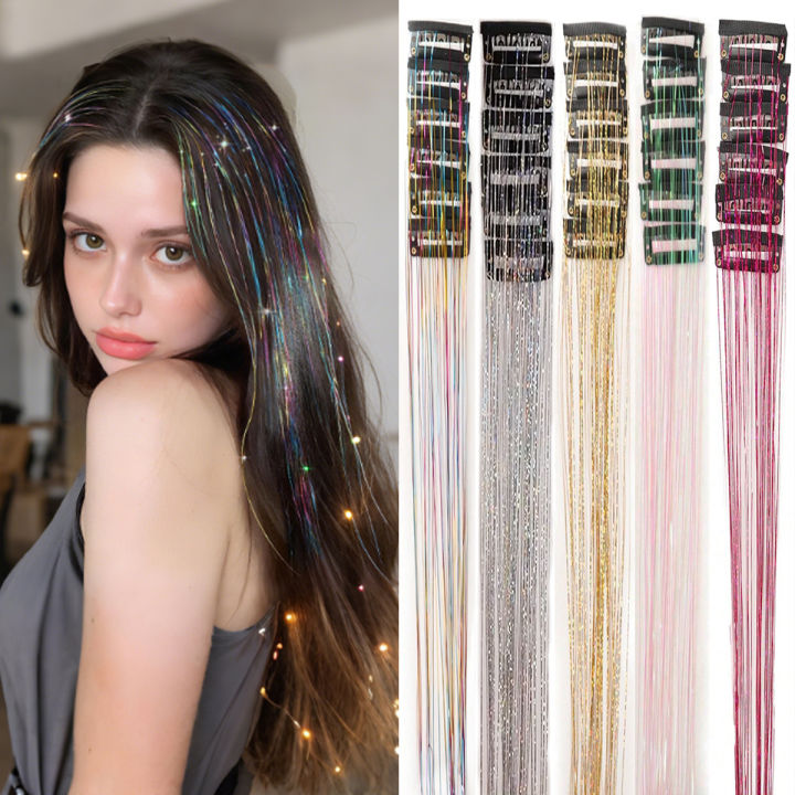 12Pcs Synthetic Hair Tinsel Clip in 20Inch Glitter Tinsel Hair Clip in ...