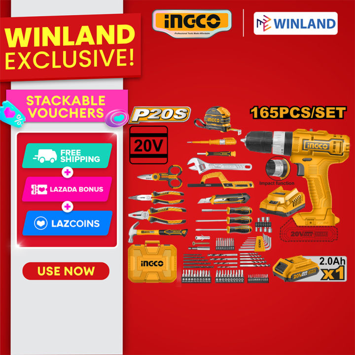 Ingco by Winland Lithium-Ion Impact Drill with 165PCS Tools Set Accessories and Case HKTHP11651 ...