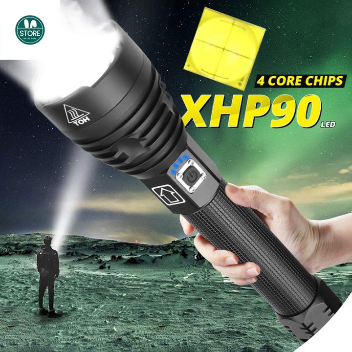 Super Bright XHP90 LED Flashlight High Lumens Zoomable Rechargeable ...