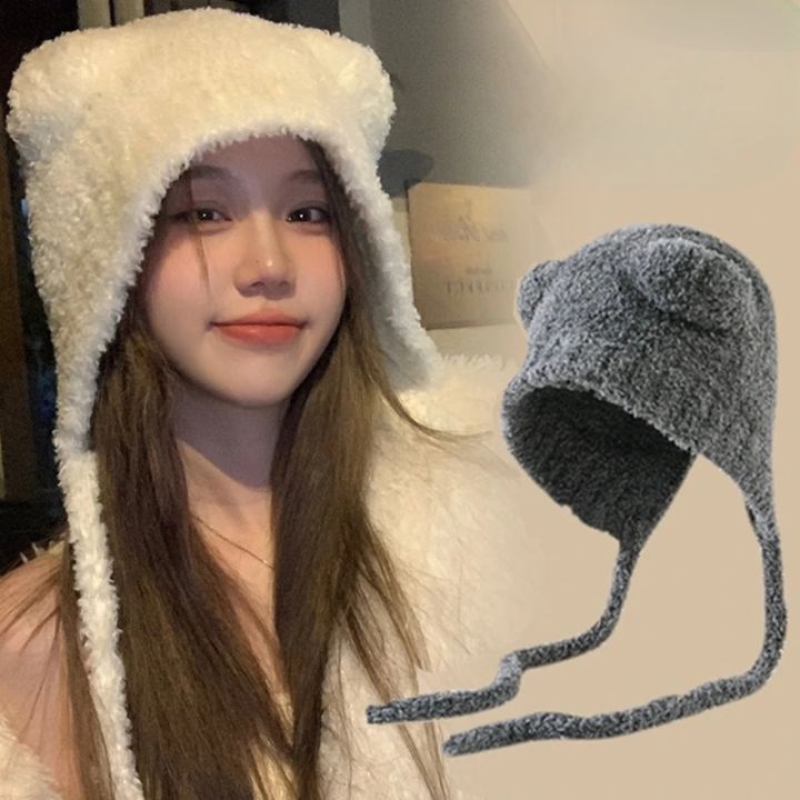 Women Girls Ear Protection Knitted Cap Bonnets Warm Versatile Lace-up ...