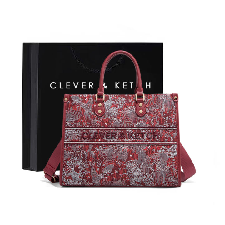 กระเป๋าถือทรงถุง Tote Bag ปักลายสีแดงหรูหราสำหรับผู้หญิง Clever&Ketch ...