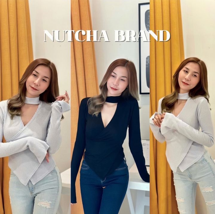 Nutcha Clothes F06 เสื้อครอปแขนยาวคล้องคอแหวกปลายแขน | Lazada.co.th