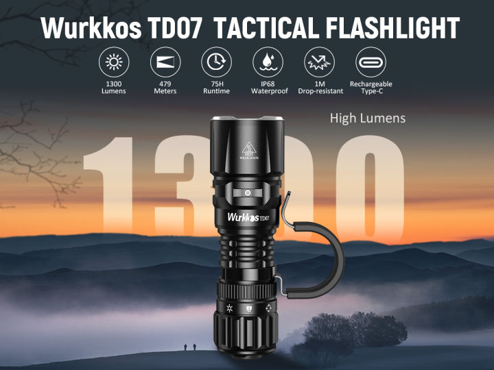 Wurkkos TD07 18350 Rechargeable Tactical Flashlight, SFT25R LED 1300 ...