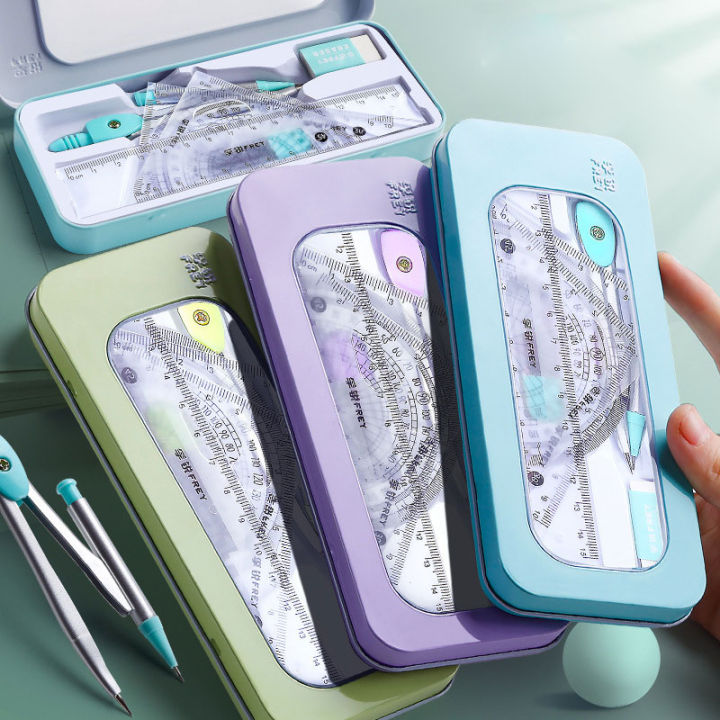 Ruler full set in metal box Compasses Ruler Pencil lead eraser School ...