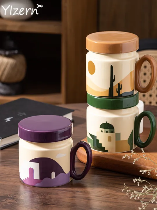 Ceramic Mugs with Lids Office Coffee Cups Couple High Aesthetic Value ...