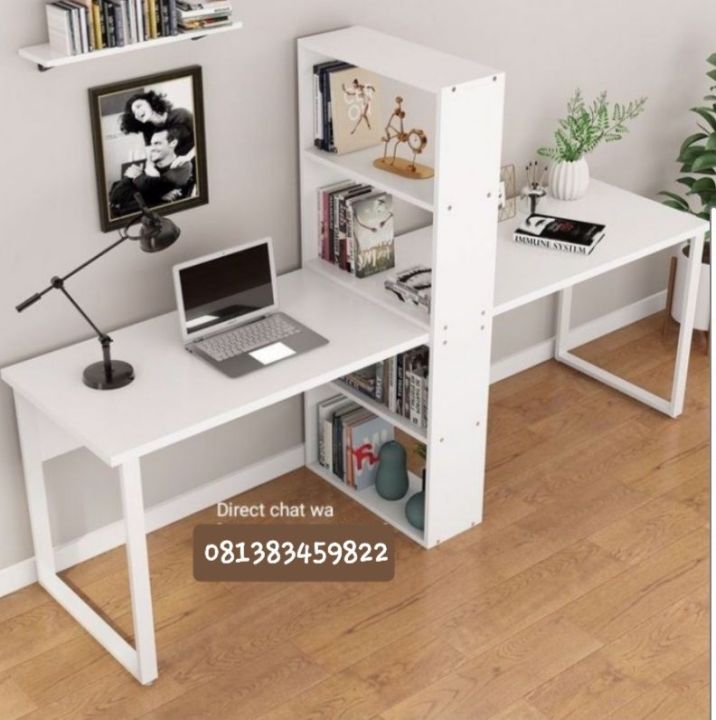 meja kerja rak buku ambalan cpu twin double desk | Lazada Indonesia