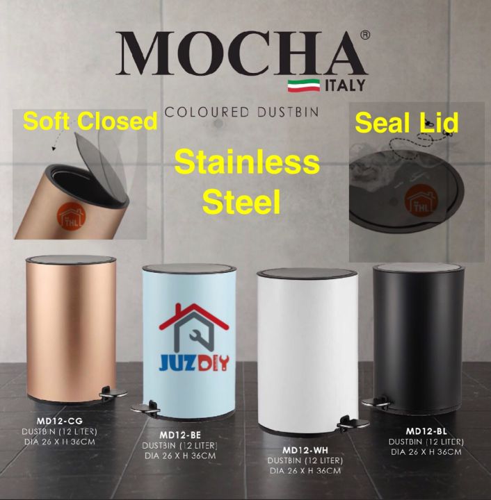 MOCHA / SANIWARE Stainless Steel 12L Soft Closed Dustbin # Trash ...